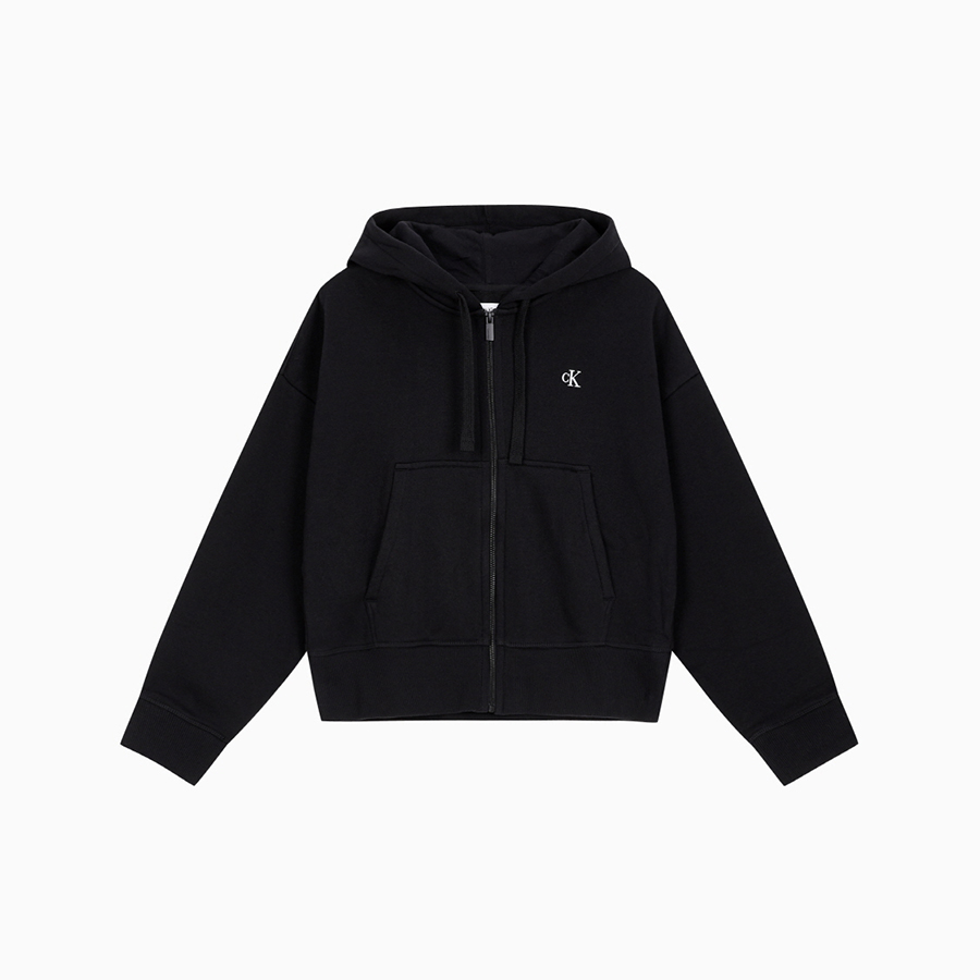 [CK] 여 블랙 아카이브 릴렉스핏 CK 스몰 로고 크롭 기모 후드 집업 40WH104 BAE - S.I.VILLAGE