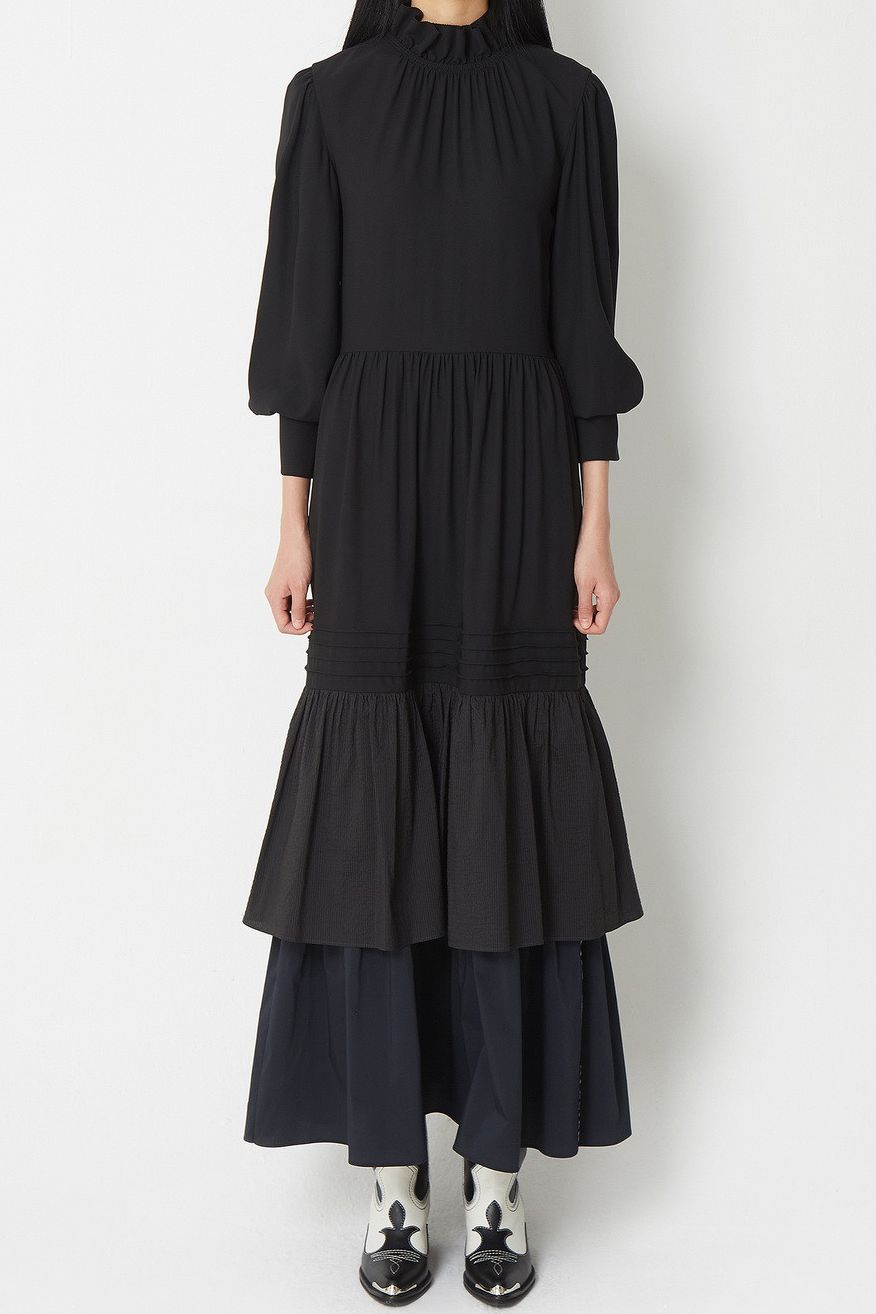 [Atelier] Neck Point 2-Pleated Shirring Long Dress